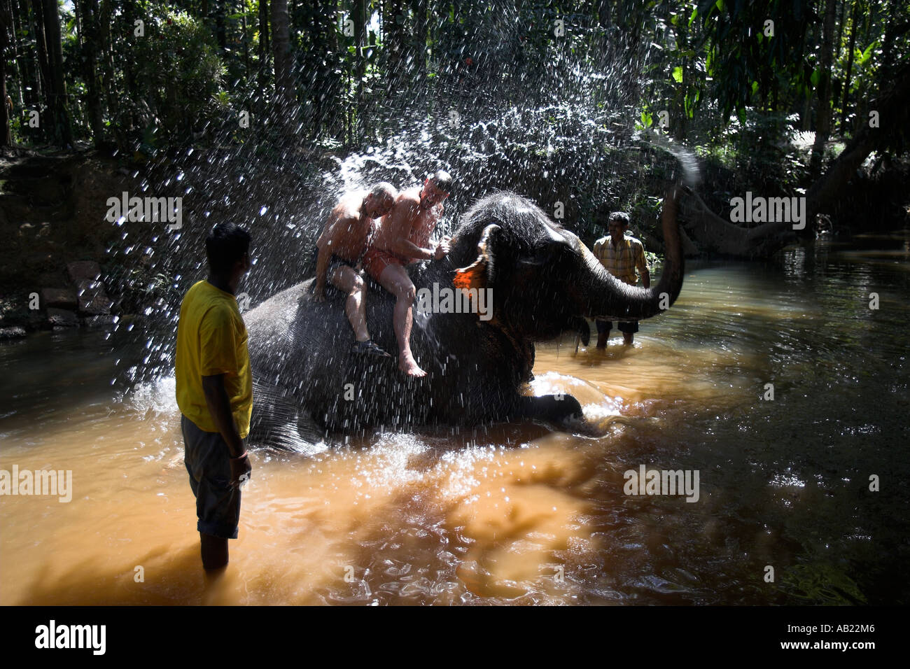 Tourists enjoy elephant shower at Sahakari Spice Farm Ponda Goa India ...