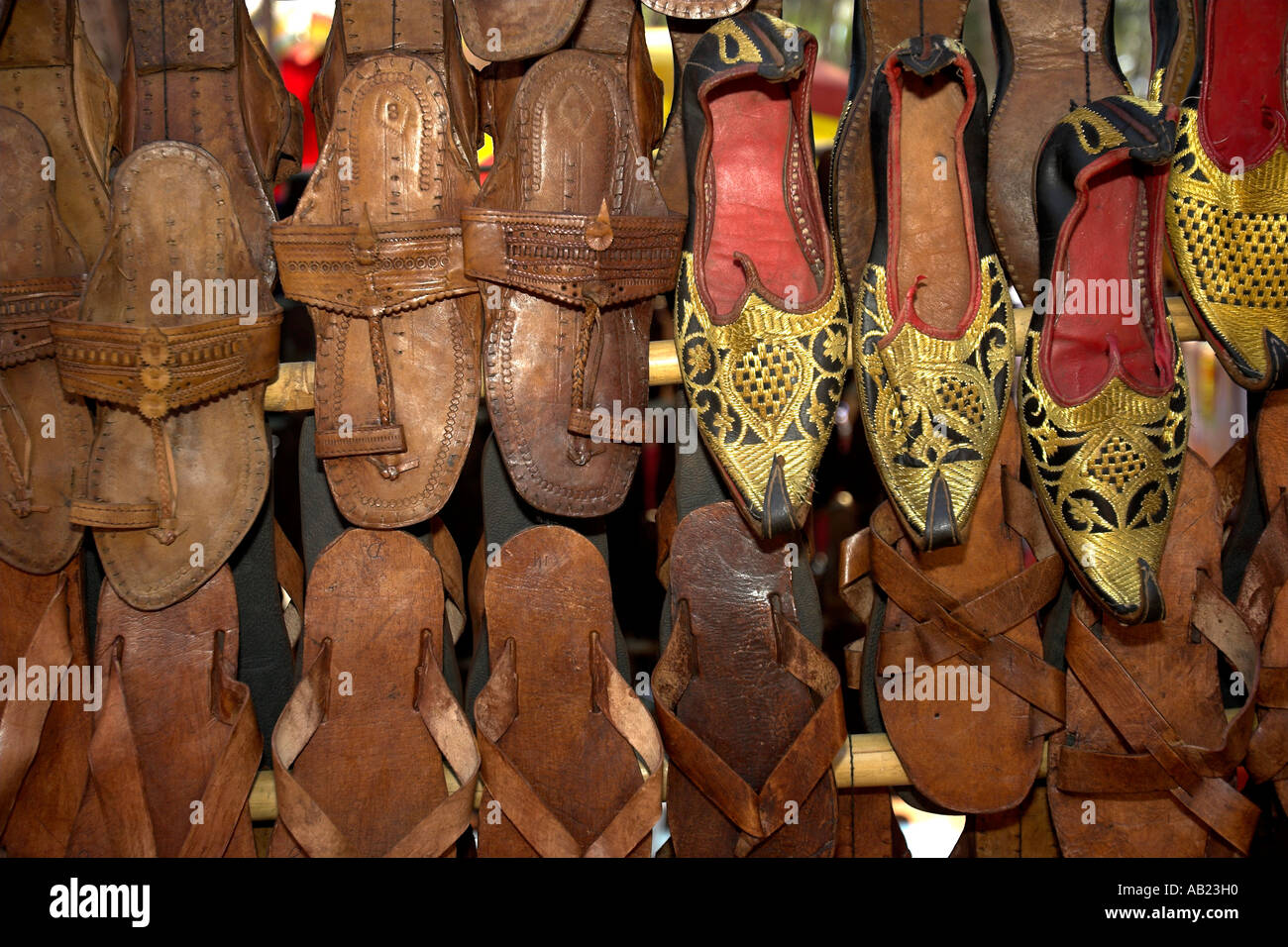 Leather sandals and shoe display at long running weekly Anjuna Flea ...