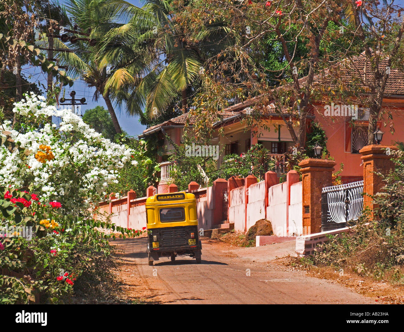 Auto rickshaw tuk tuk taxi on lane lined with palms and tropical ...