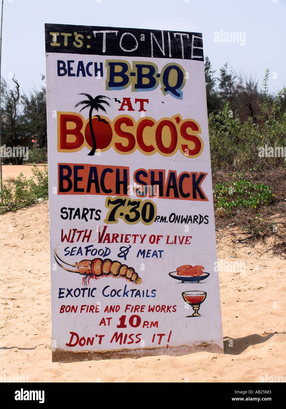 Beach bar sign featuring common attractions grilled seafood and ...
