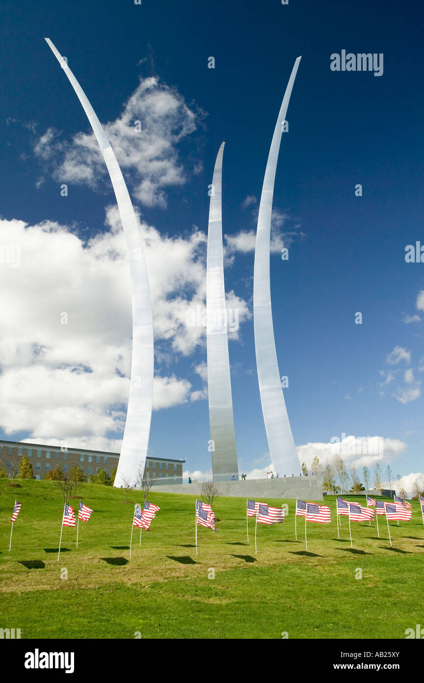 American flags at base of three soaring spires of the Air Force ...