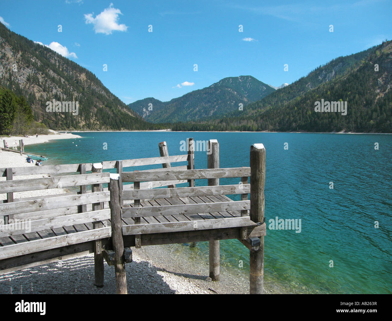 landing stage at the plan lake in Austria Reutte Tyrol Holzsteg am ...