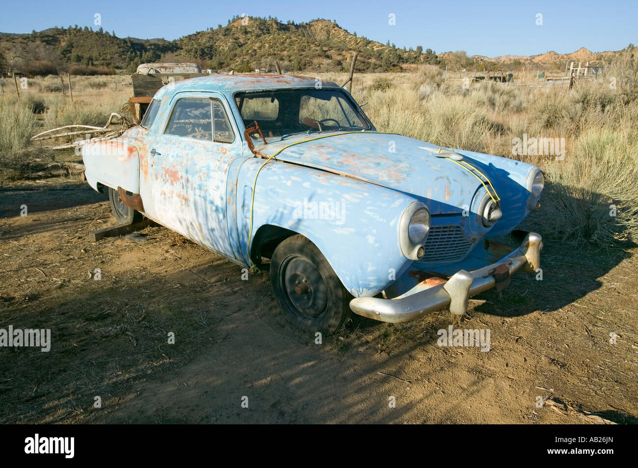 Junk early 50 s blue Studebaker deserted in field off highway 33 near ...
