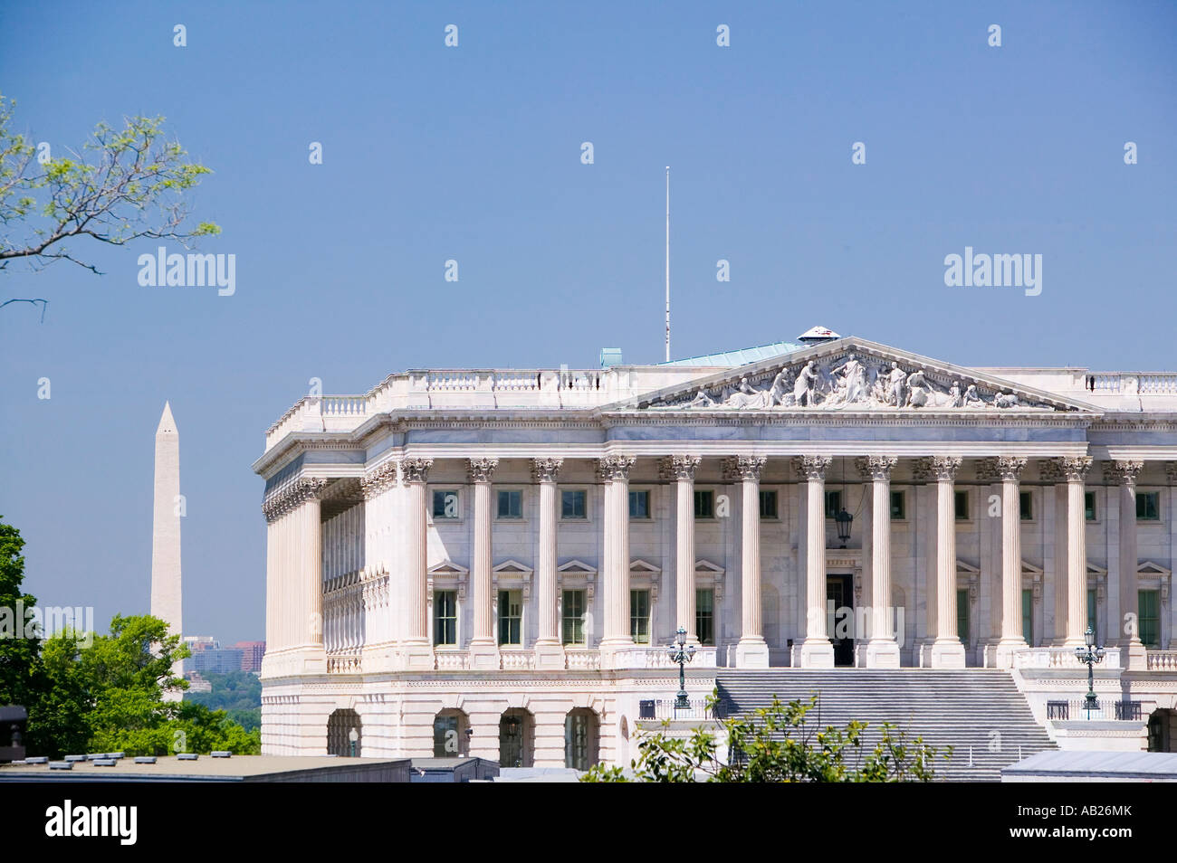 U S Senate side of U S Capitol with Washington Monument in background ...