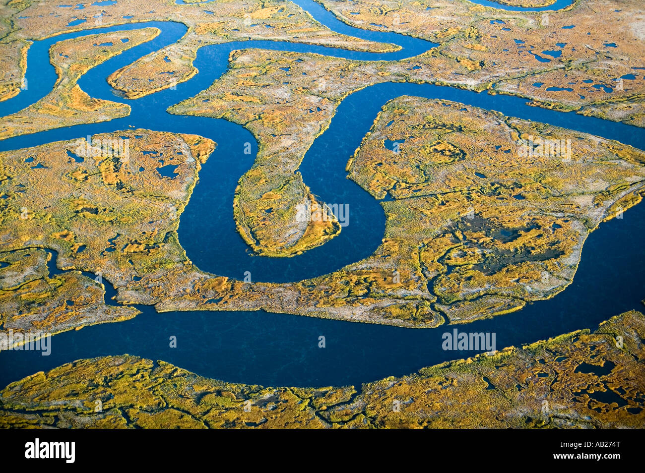 Aerial view of marsh wetland abstraction of salt and seawater and ...