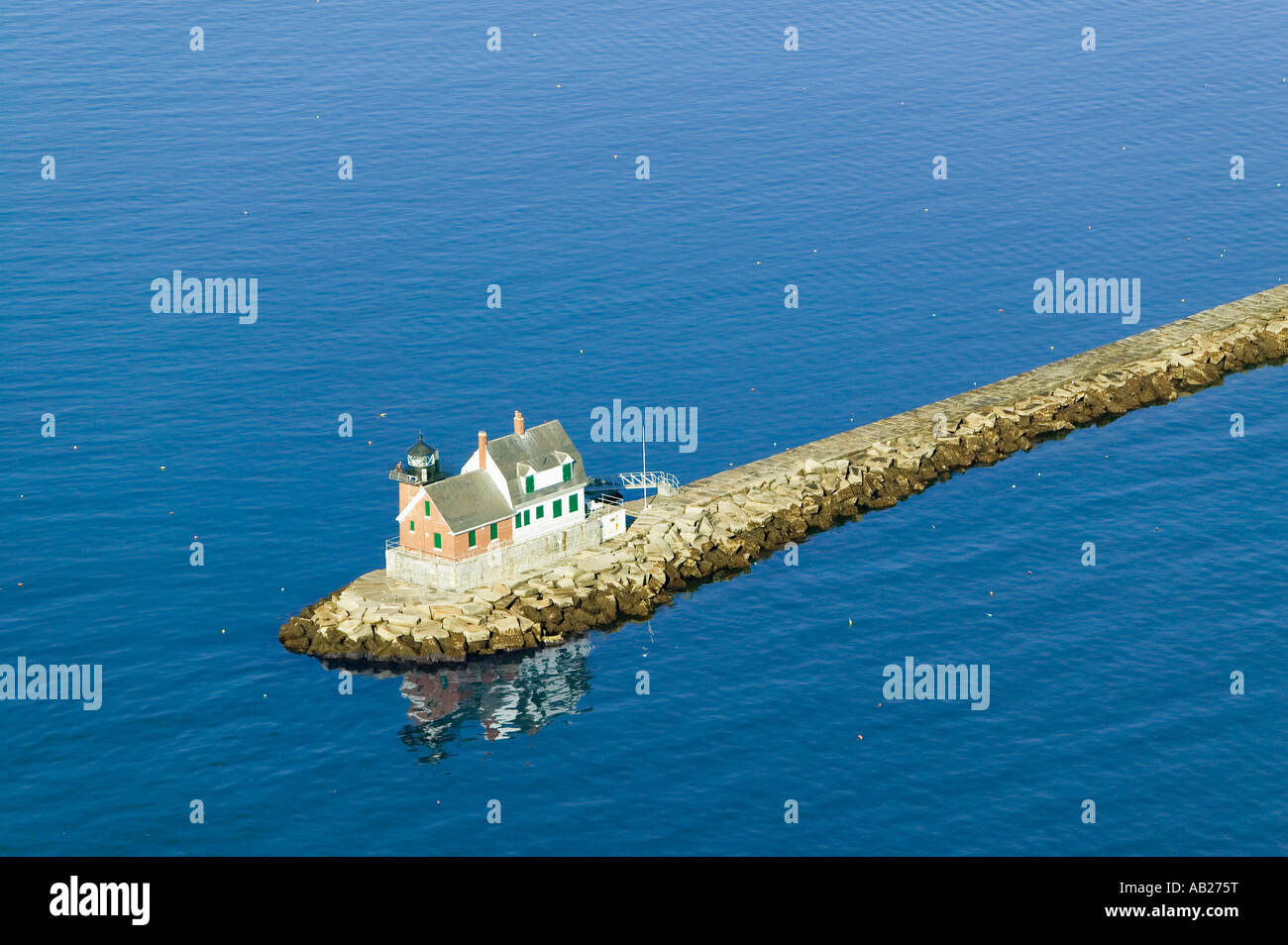 Aerial view of Rockland Lighthouse at end of jetty from the Samoset ...