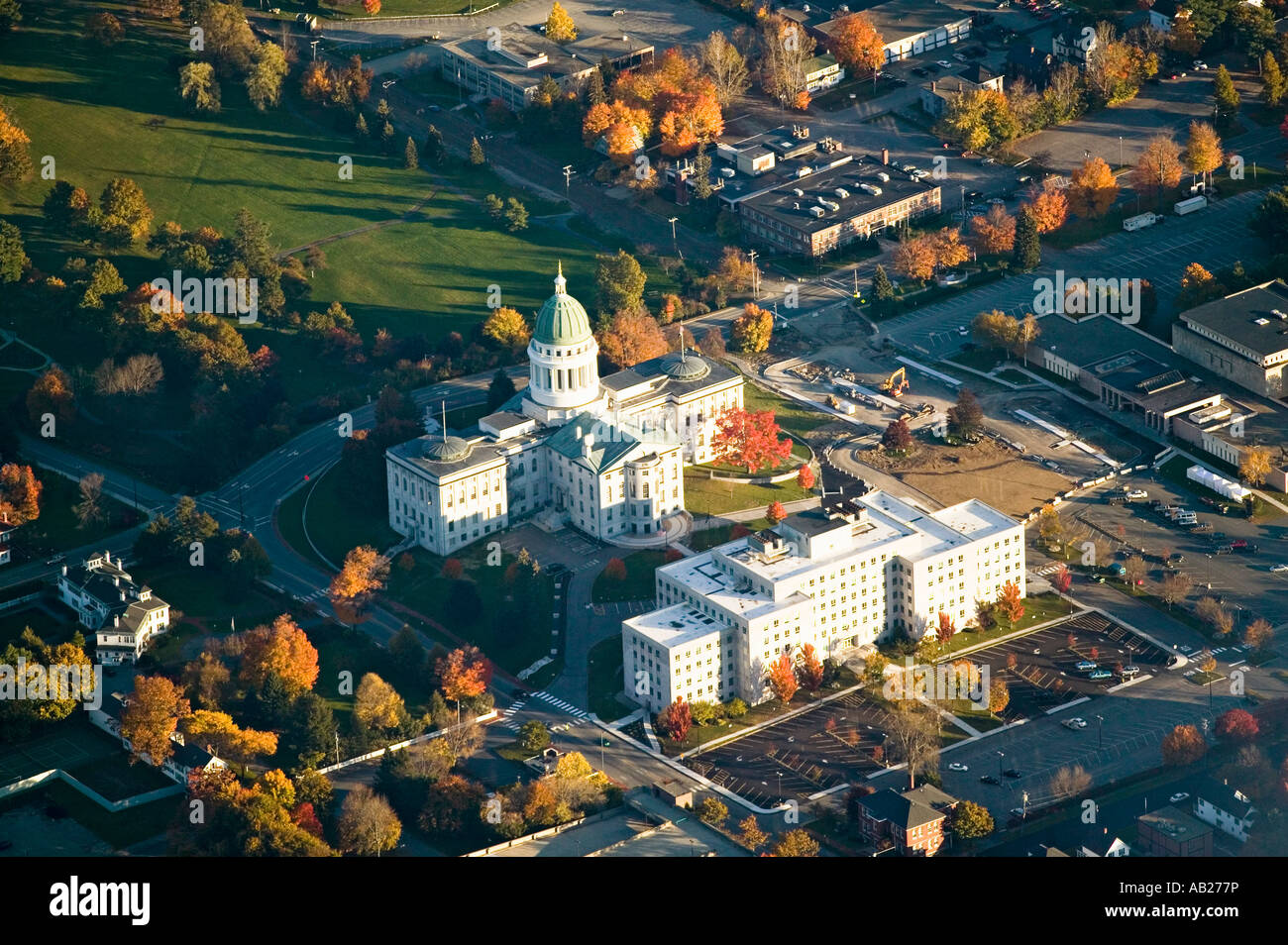 Aerial view of State Capital building and autumn color in Augusta Maine ...