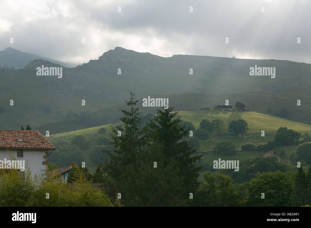 Sun and rays of light over Sare France in Basque Country on Spanish ...