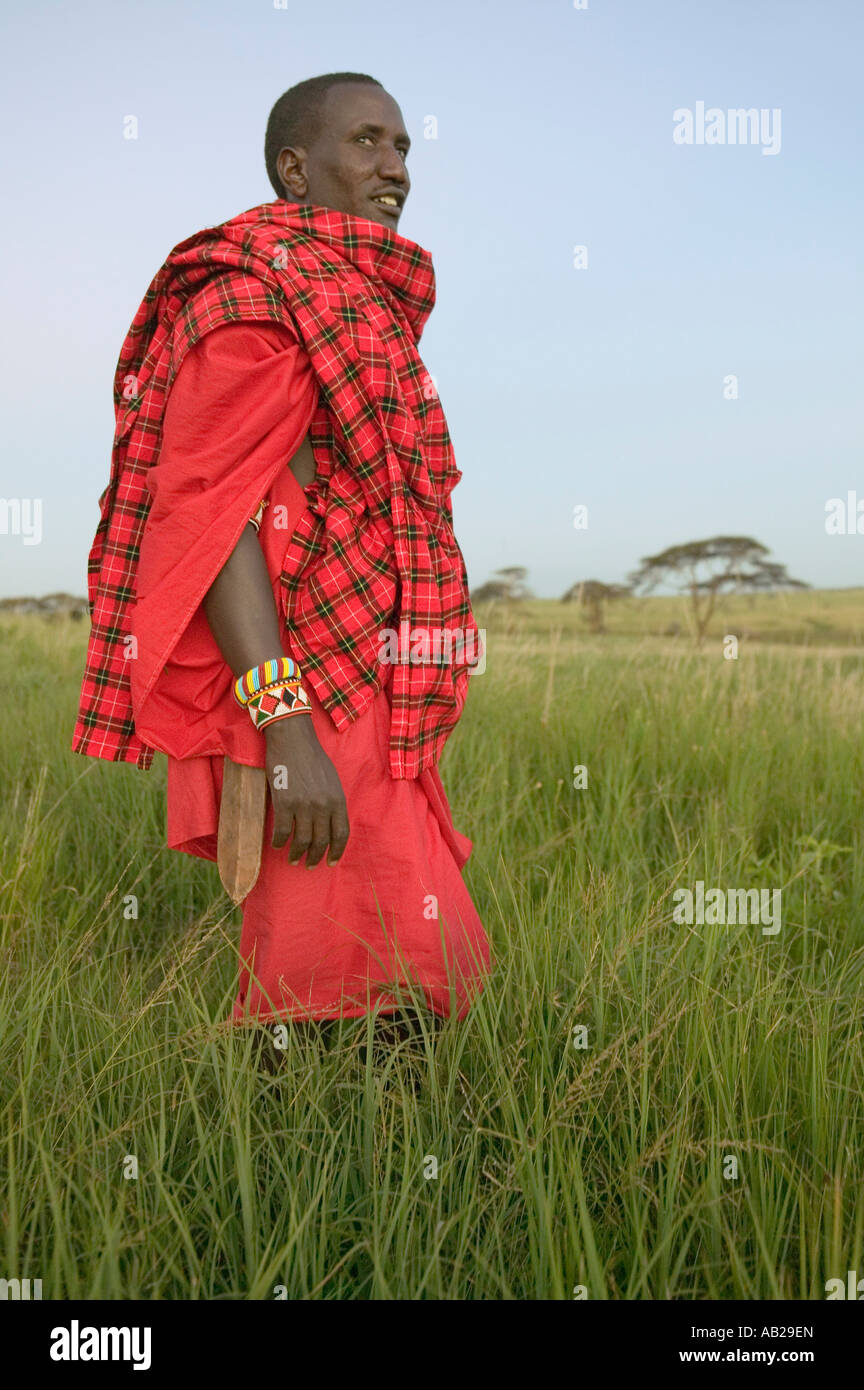 Portrait of Masai Warrior in traditional red toga at Lewa Wildlife ...