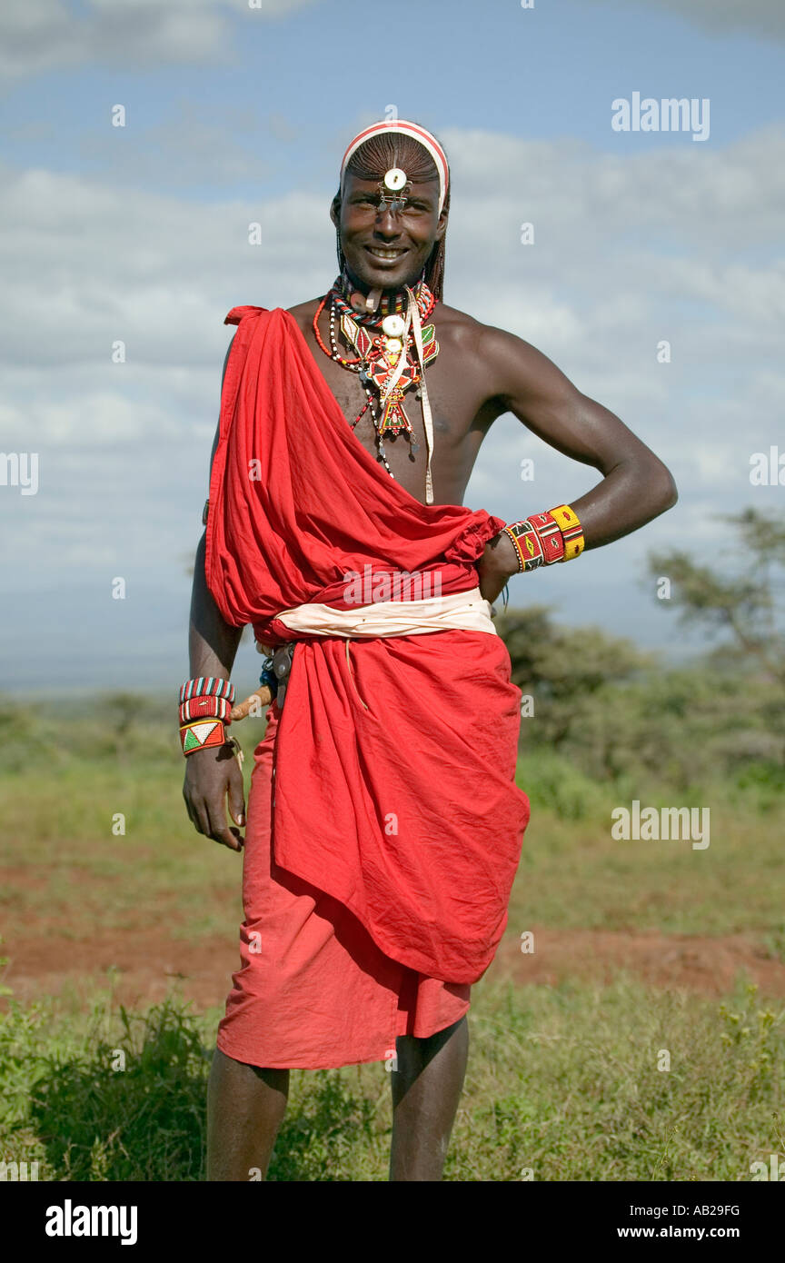 Portrait of Masai Warrior in traditional red toga at Lewa Wildlife ...