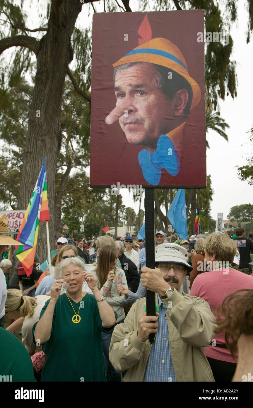 Depiction of President George W Bush as Pinocchio painted on a sign at ...