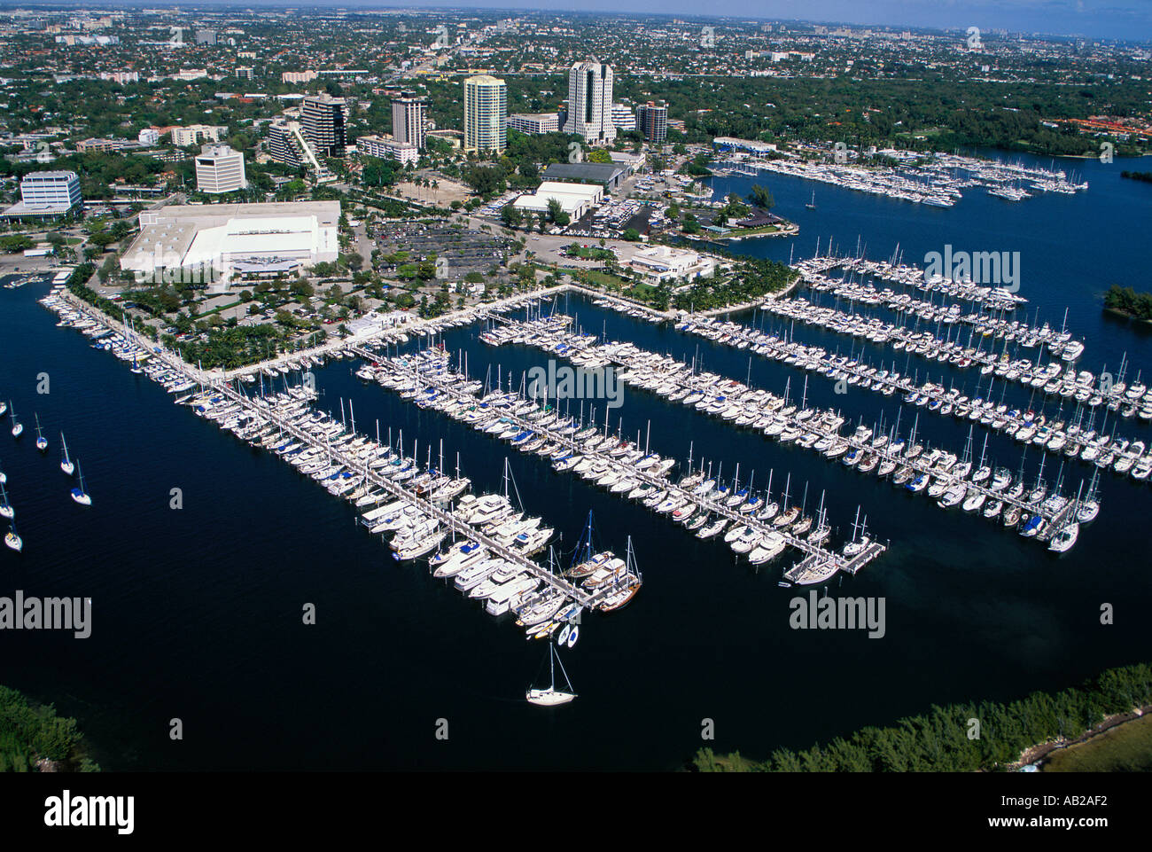 Aerial view of scores of pleasureboats docked at the piers of Dinner ...