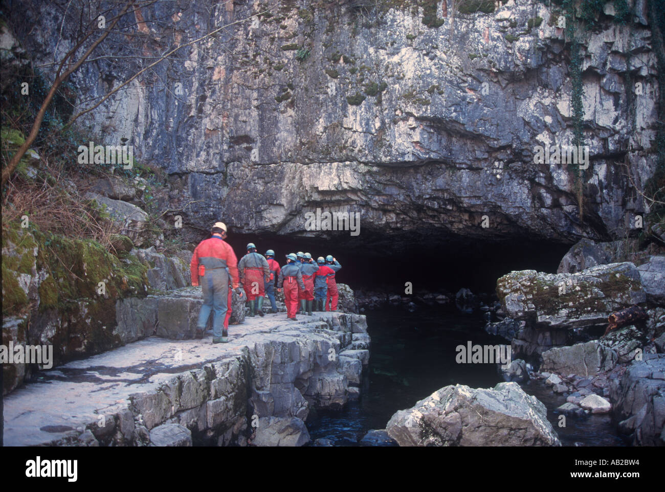 Potholers Entrance to Porth yr Ogof Caves Ystradfellte Brecon Beacons ...