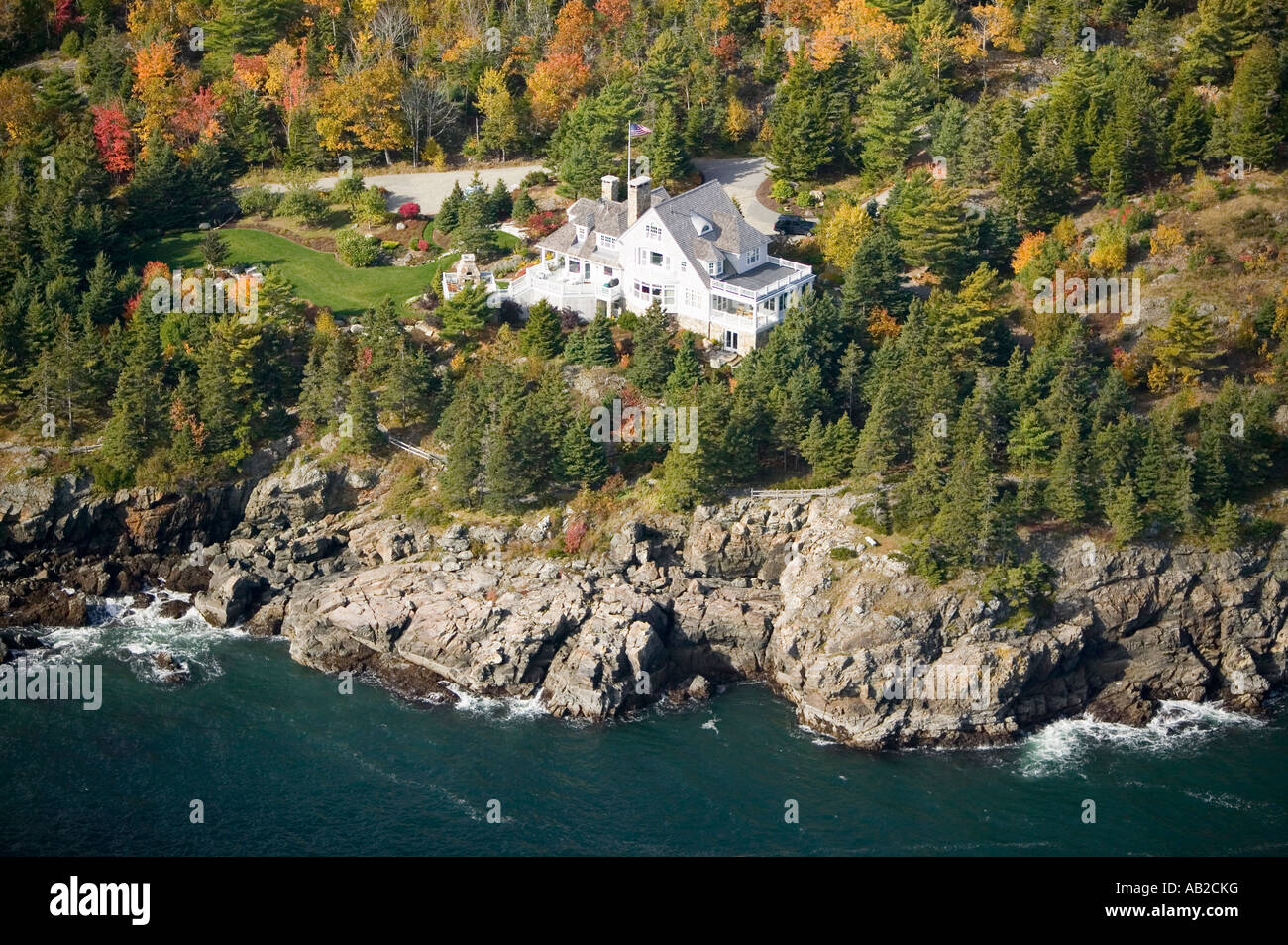Aerial view of ocean front home at Acadia National Park Maine Stock ...
