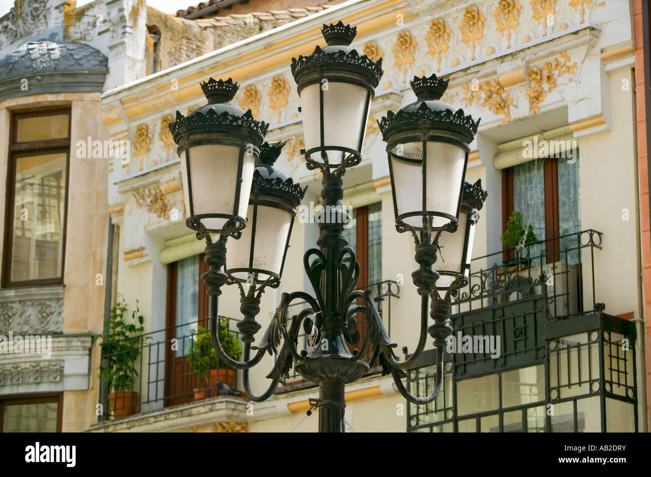 Rod iron street lamps of Avila Spain an old Castilian Spanish village ...