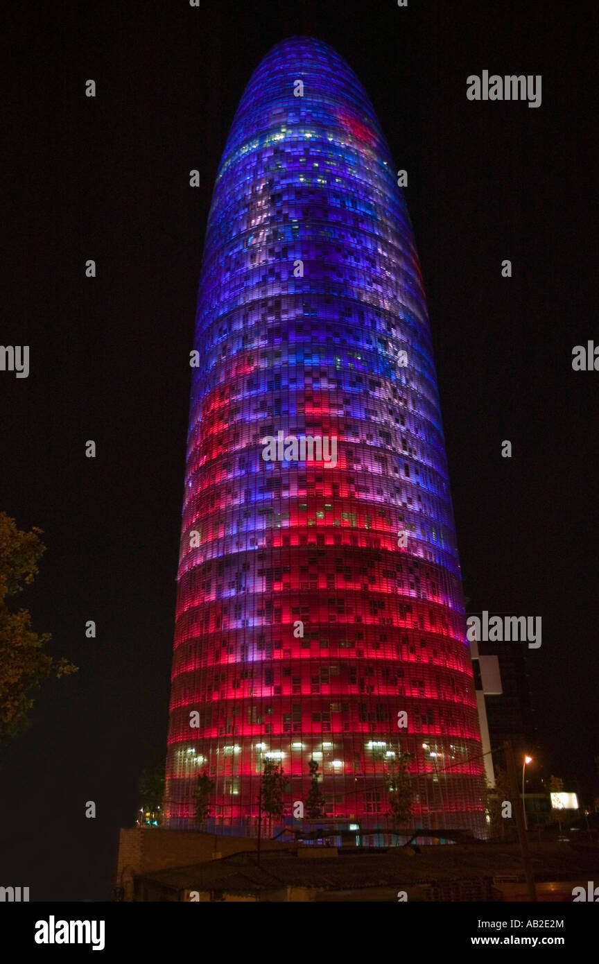 Night view of phallic shaped Torre Agbar or Abbar Tower in Barcelona ...