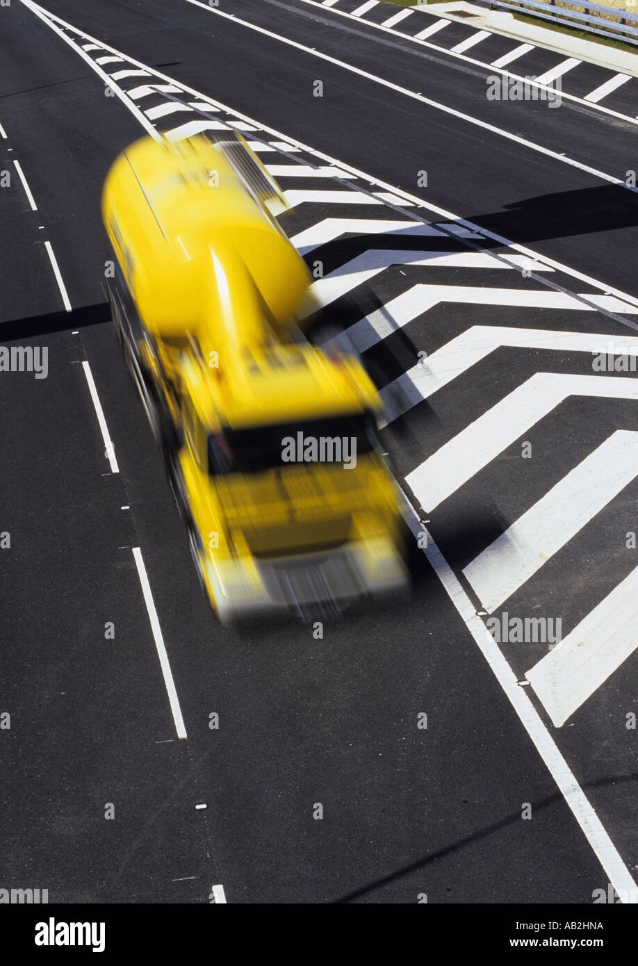 tanker lorry travelling through chevrons at junction on the m62 ...