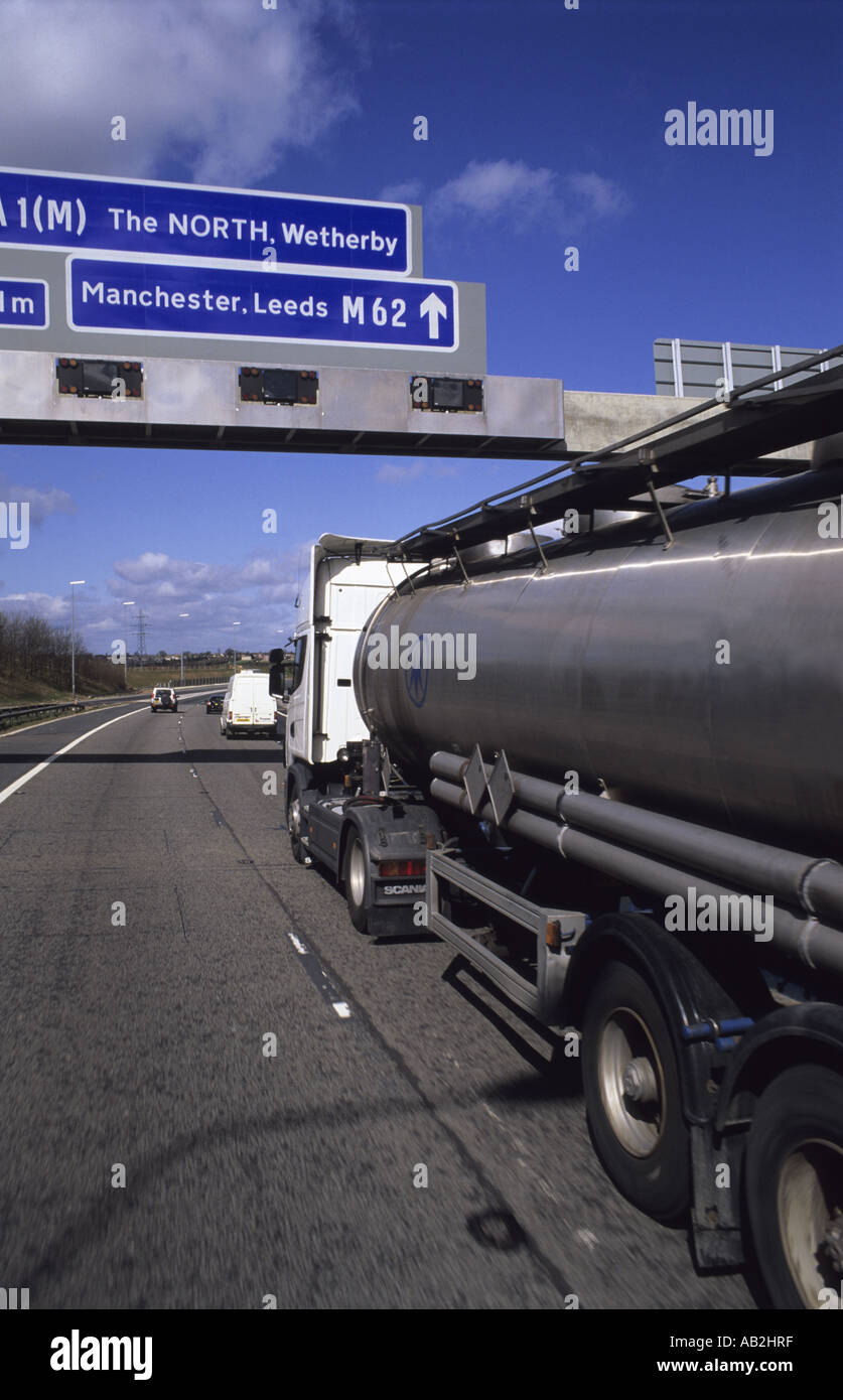 tanker lorry travelling under overhead destination gantry on the m62 ...