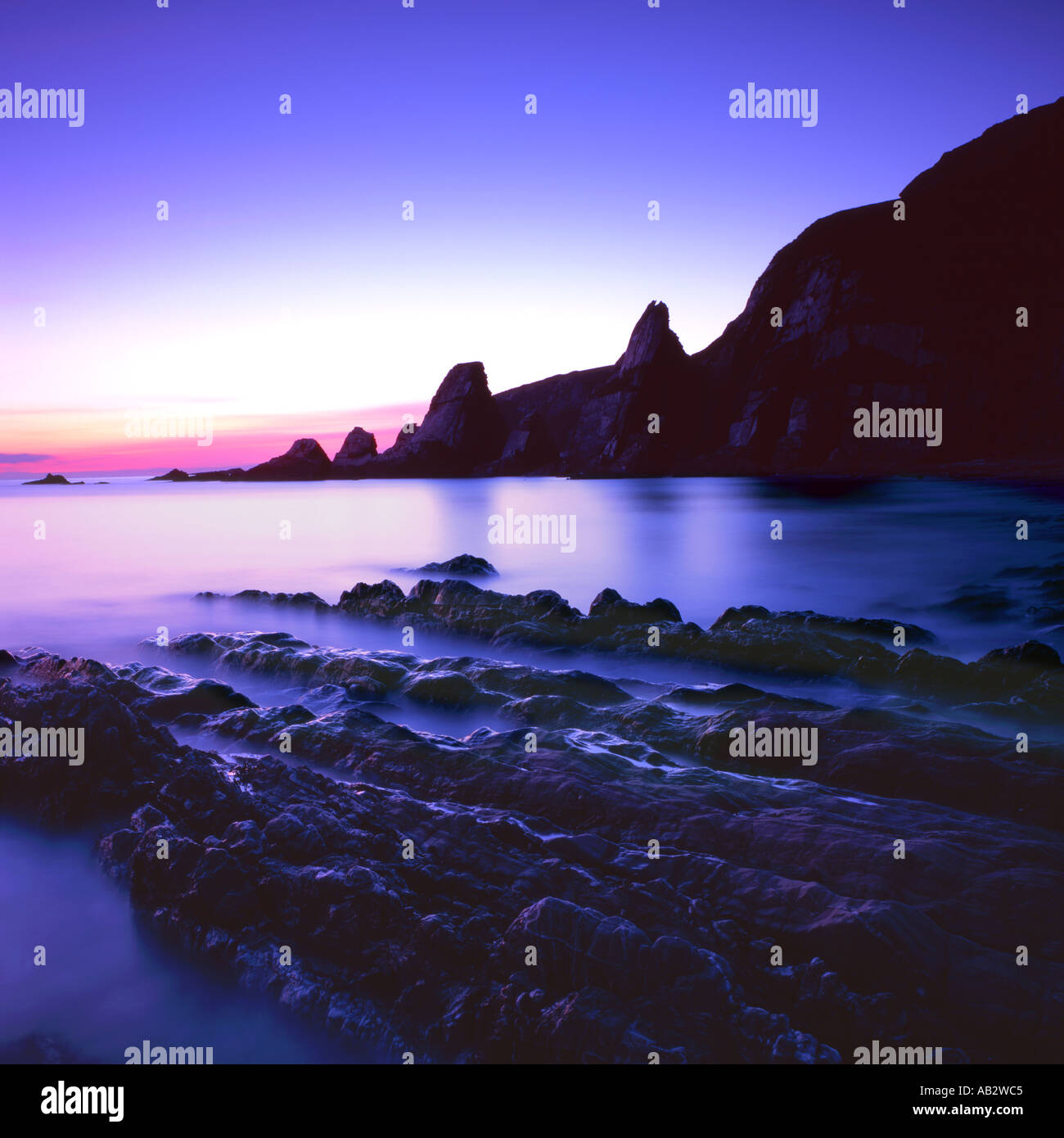Westcombe Beach after sunset South Devon, with blue purple glow ...