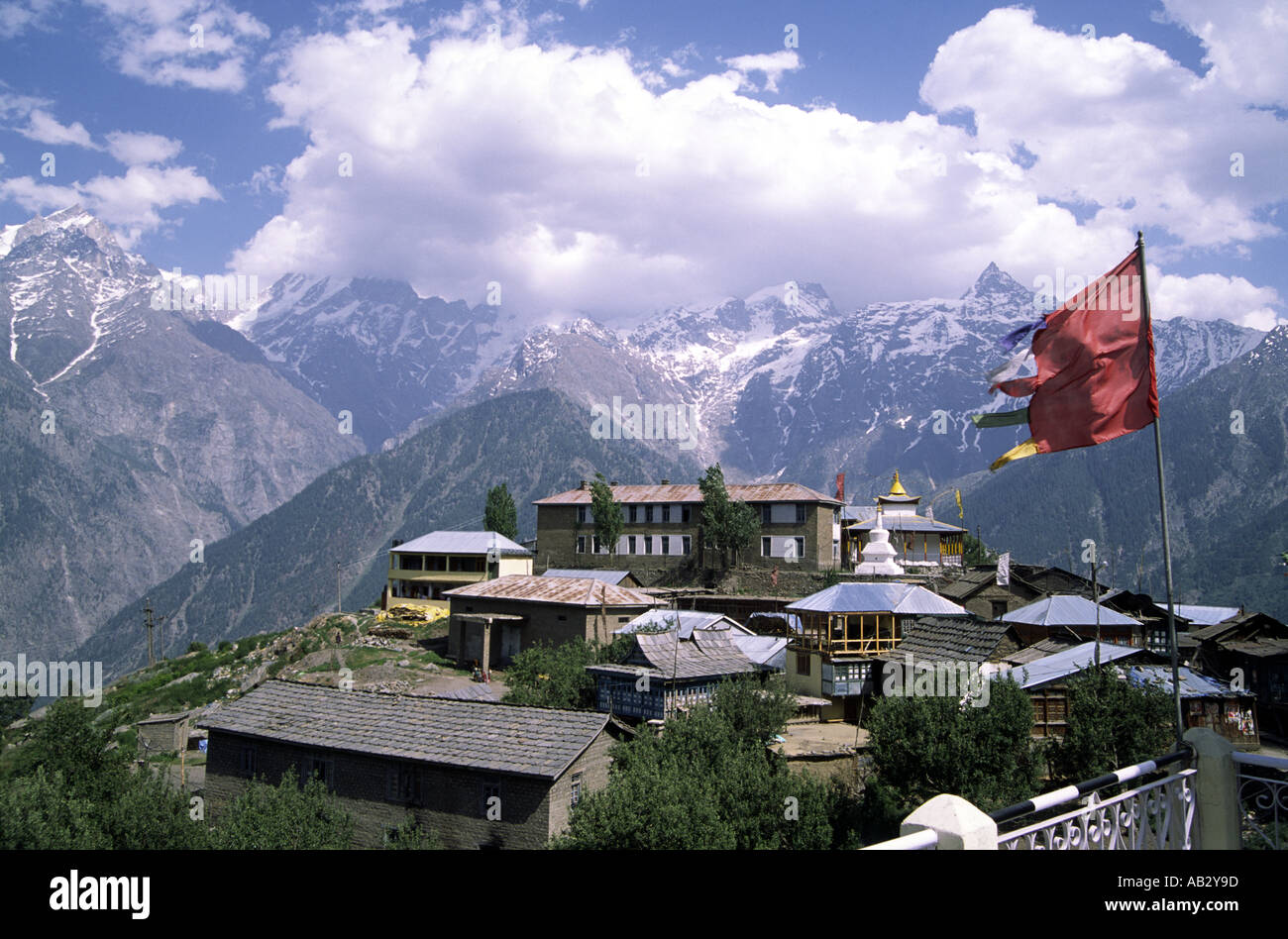 A view towards a Buddhist temple in Kalpa Himachal Pradesh India with ...