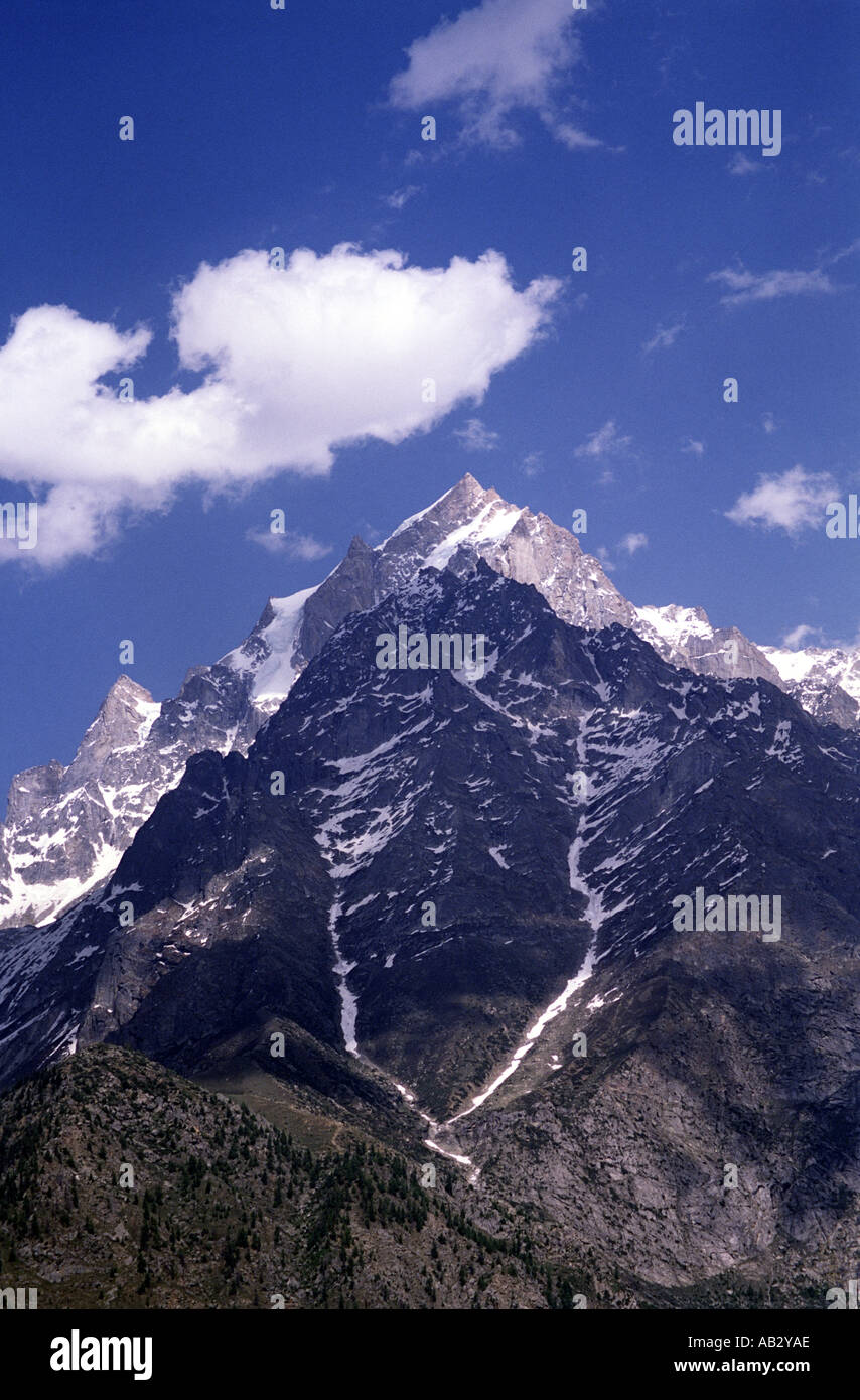A view towards the Kinnaur Kailash mountain range from Kalpa Himachal ...