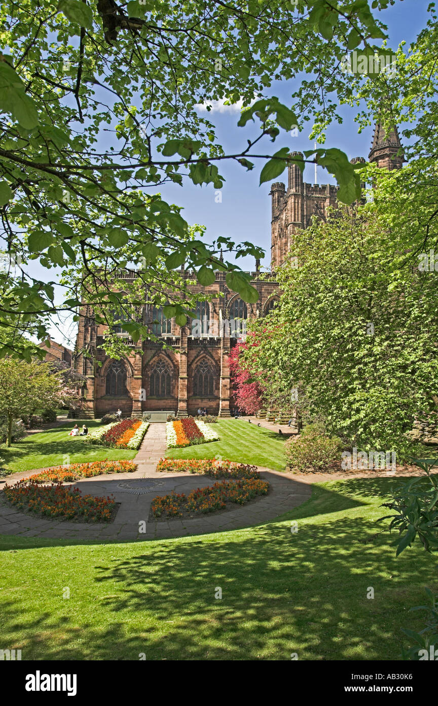 View of Chester Cathedral, set against a brilliant blue sky, taken in ...