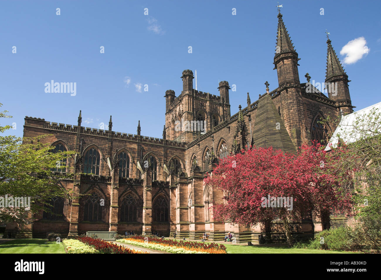 View of Chester Cathedral, set against a brilliant blue sky, taken from ...