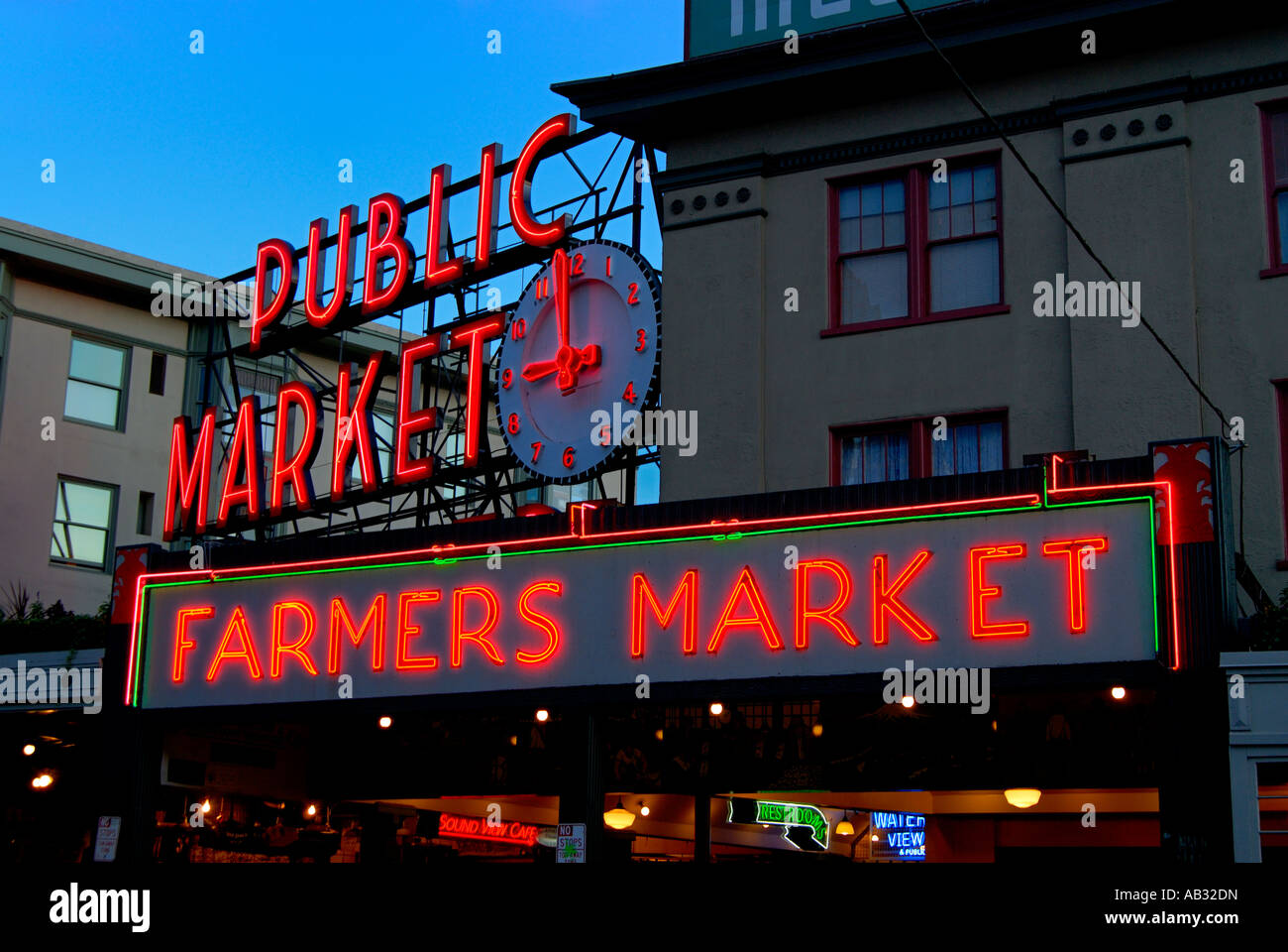 Neon signs in the Farmers Market area of Pike Place Market Stock Photo ...