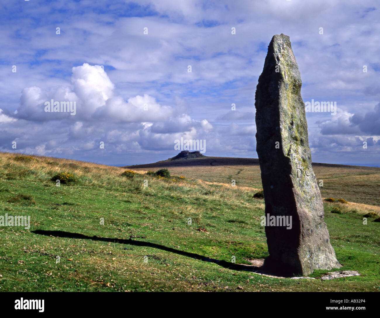 Long Stone Shovel Down Dartmoor with Kestor Rock in the distance Stock ...