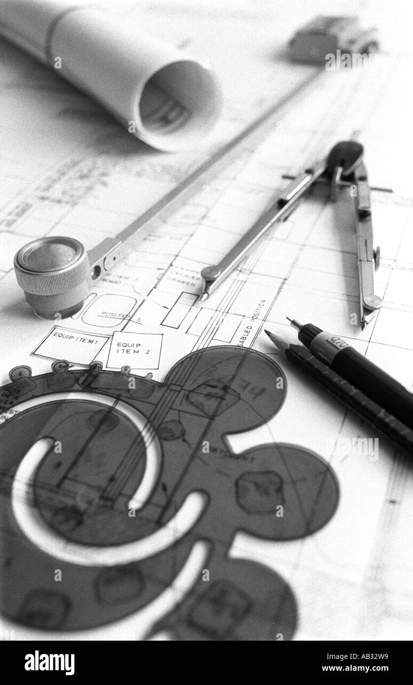 Architecture instruments on building plans, Hackney, London, UK Stock ...