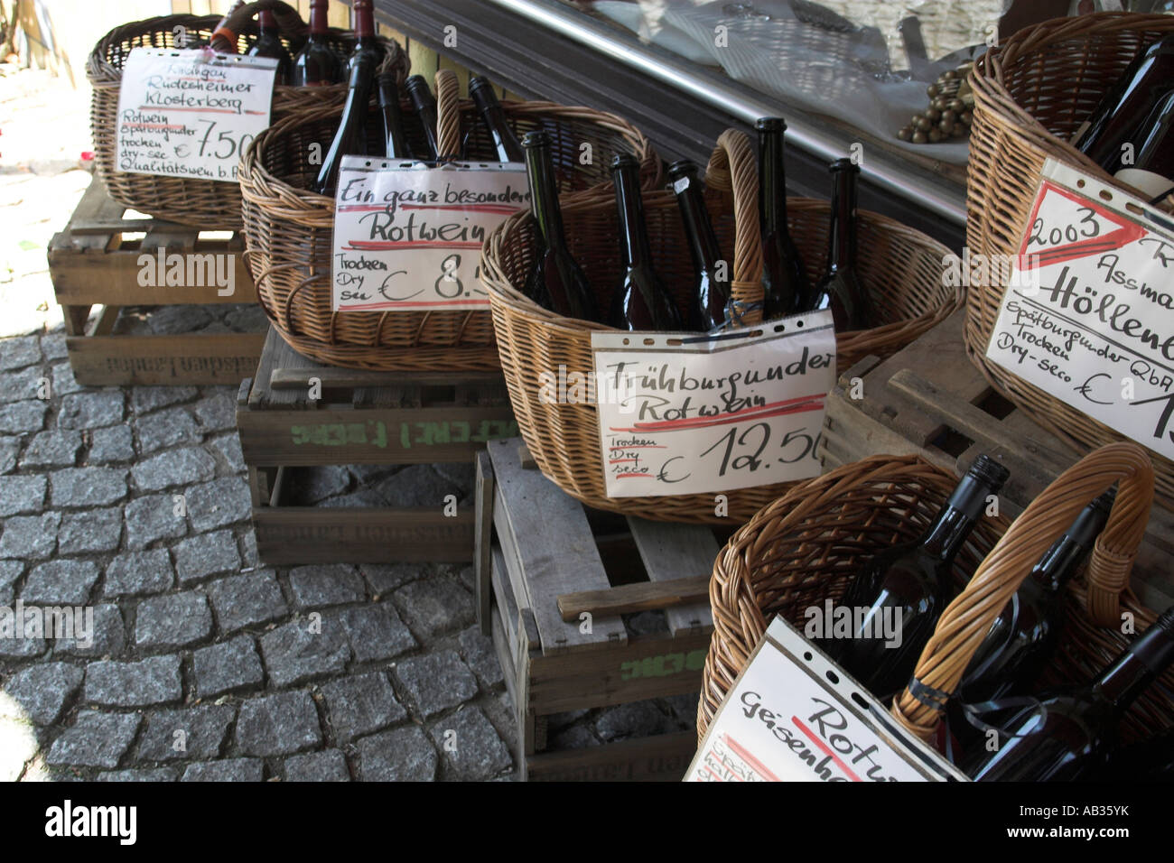 Rhine wine bottles on display in German village Stock Photo - Alamy