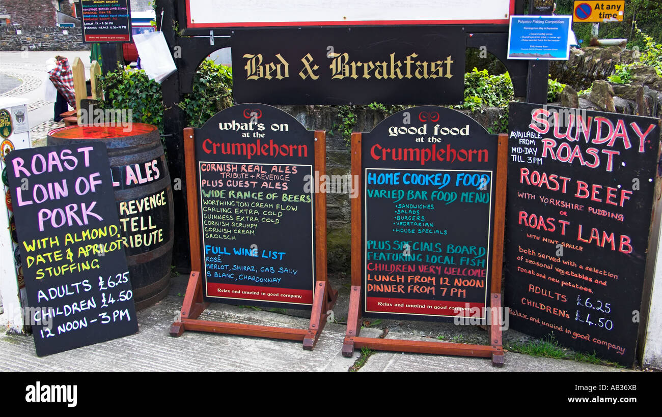 Menu boards at the Crumplehorn Inn Polperro Cornwall England Stock ...