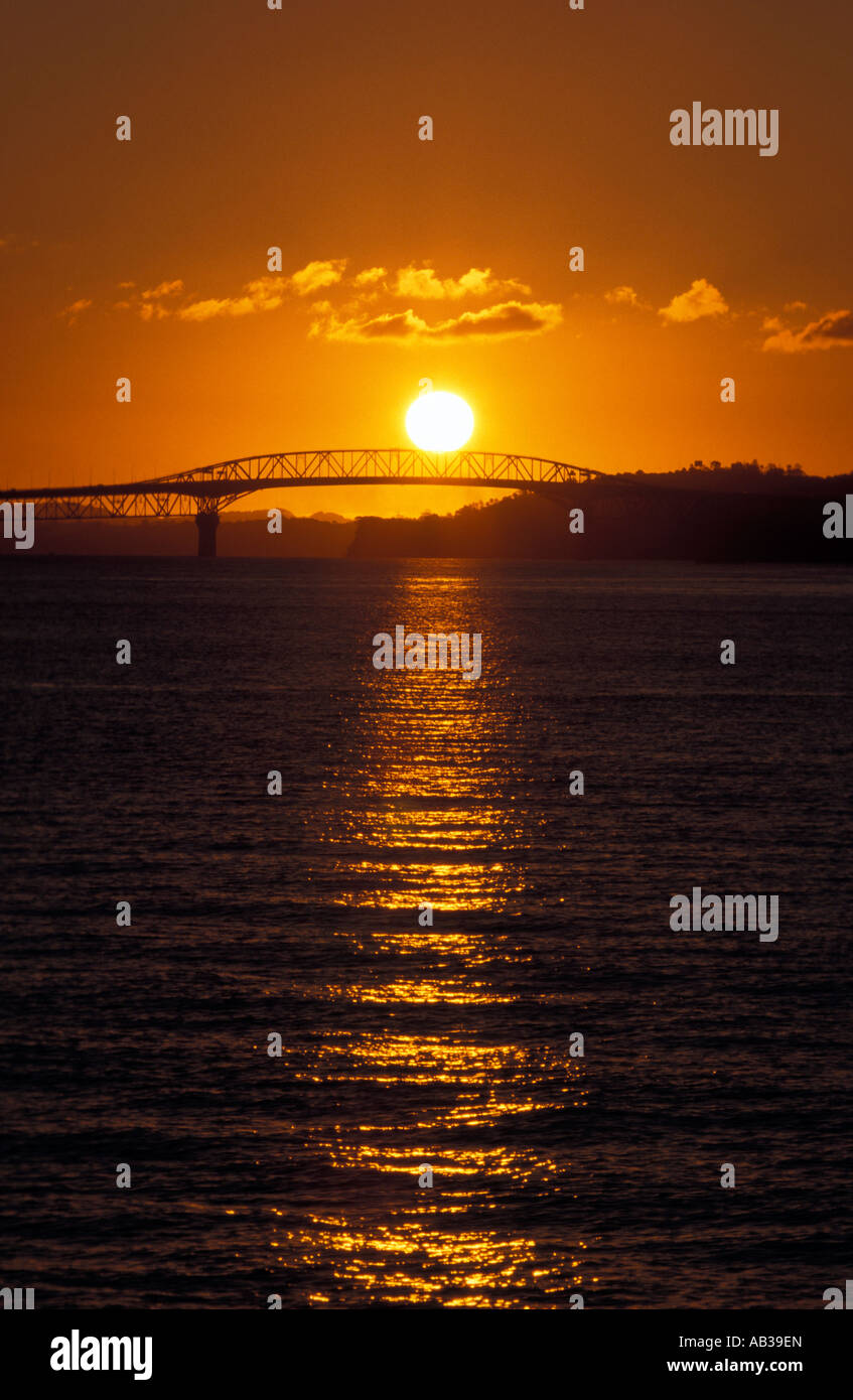 Sunset over Auckland Harbour Bridge Auckland North Island New Zealand ...