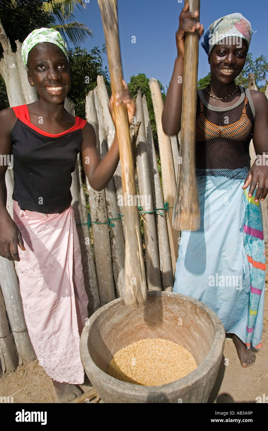 Young women pound rice by hand in wooden pestle and mortar Berending ...