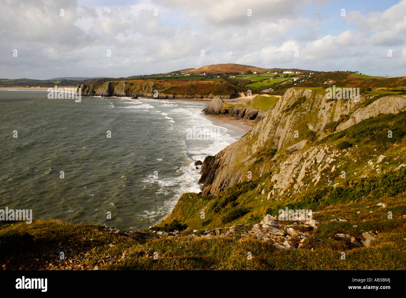 THREE CLIFFS BAY VIEWED FROM PENNARD CLIFFS, GOWER PENINSULA, WEST ...