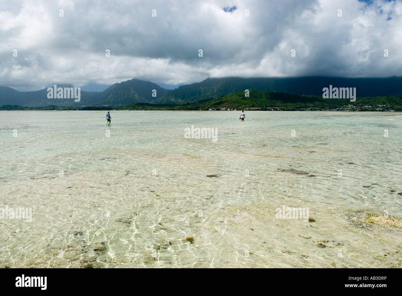 People walking on the Ahu O Laka sandbar, Kaneohe Bay, Oahu, Hawaii ...