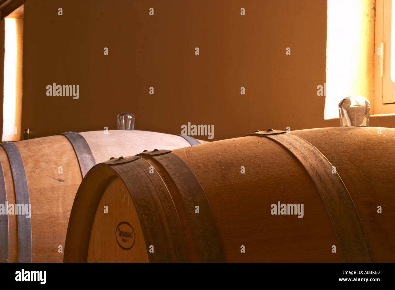 Two barriques barrels in the wine cellar with a traditional glass ...