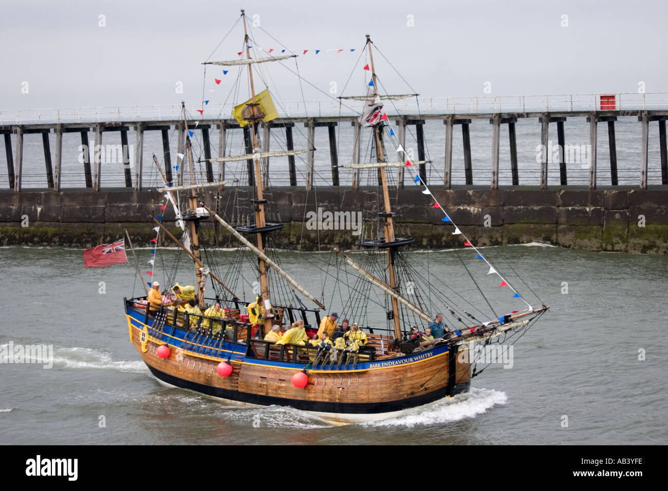 The Bark Endeavour sailing into Whitby Harbour Yorkshire Stock Photo ...