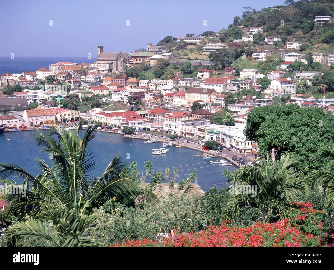 Tropical St Georges Grenada island harbour in the south eastern ...
