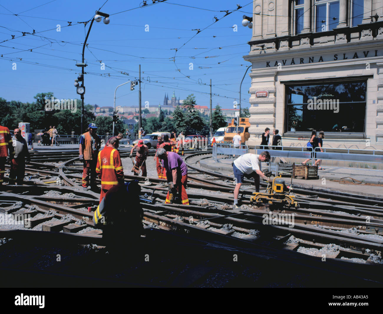 Relaying tram tracks, central Prague, Czech Republic Stock Photo - Alamy