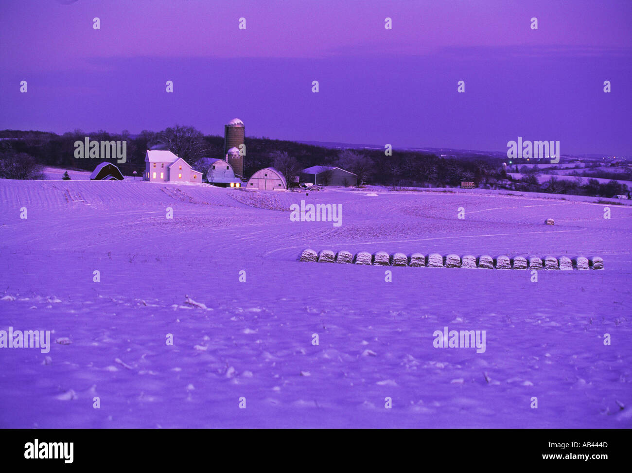 Agriculture - Farmstead in mid Winter at dusk; all crops harvested ...