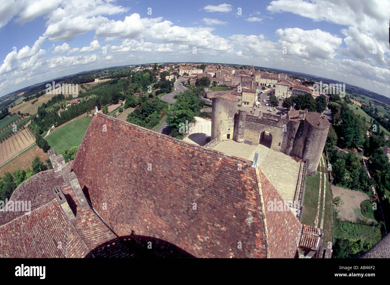 Duras view of the château and village from the donjon with a fish eye ...