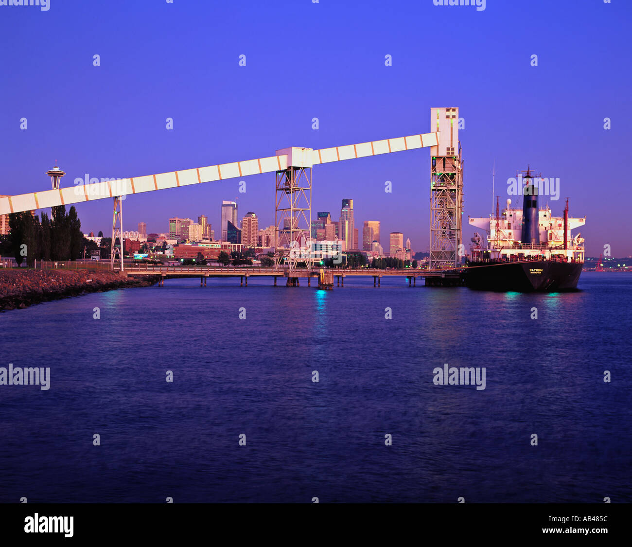 USA Washington Seattle Elliott Bay Puget Sound Freighter Ship Loads At ...