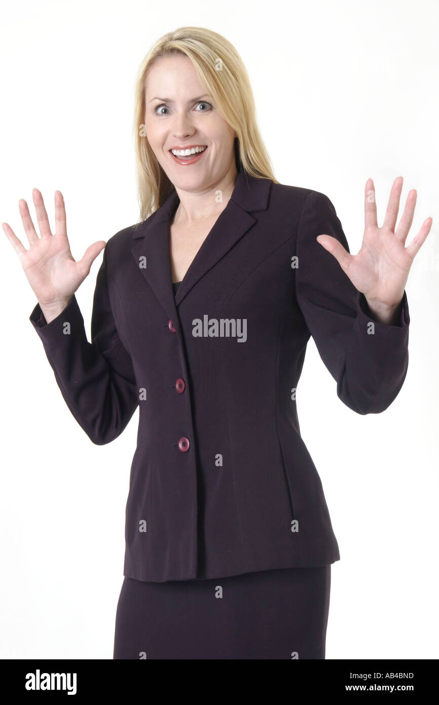 Business woman with hands up Stock Photo - Alamy