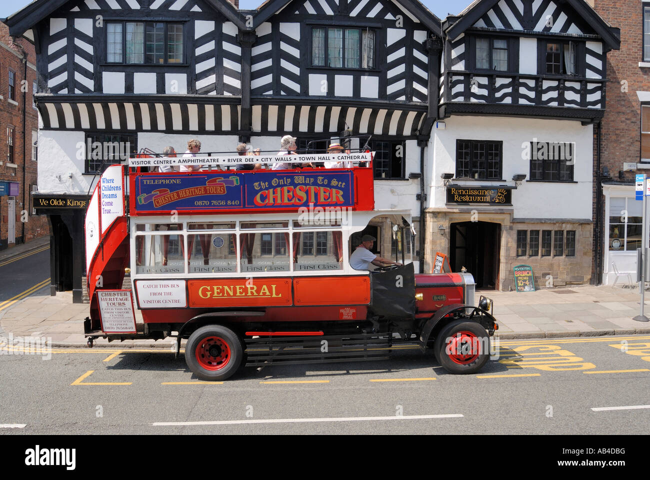 Chester. Authentic replica of a London general Omnibus bus passing Ye ...