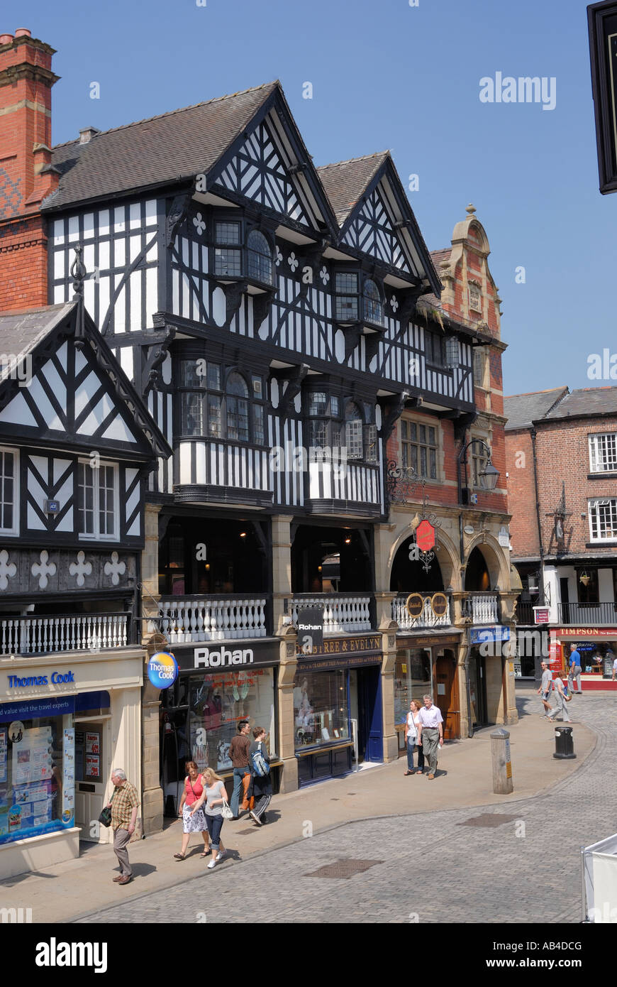 Chester. Black and white half timbered Tudor buildings and Rows on ...