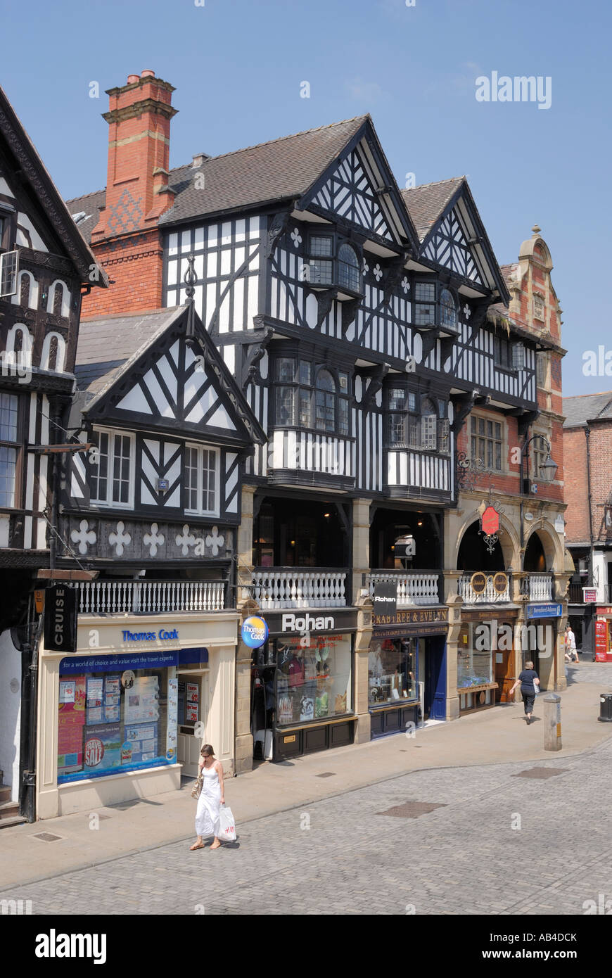 Chester. Black and white half timbered Tudor buildings and Rows on ...