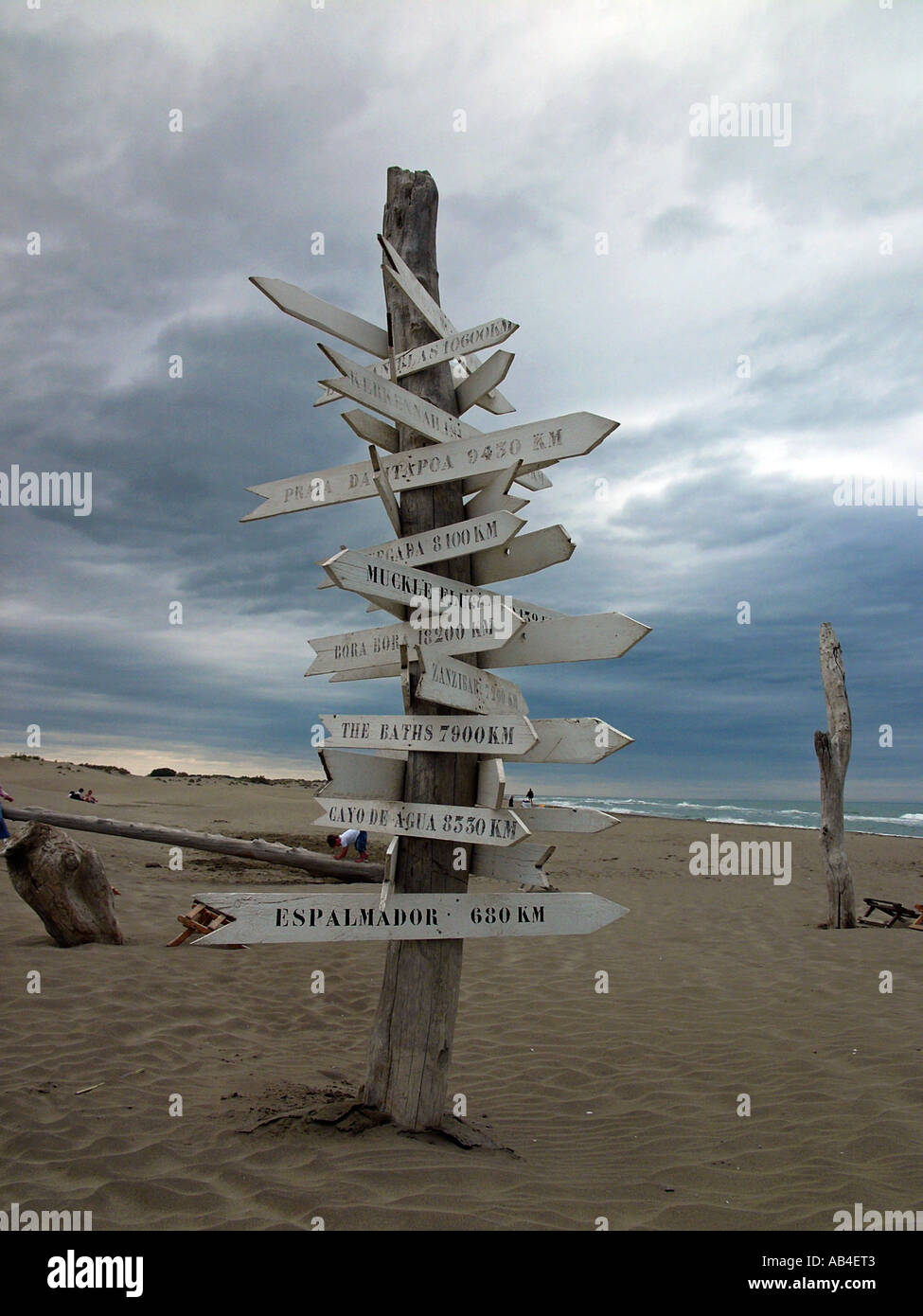 fun signpost on beach in france offering a multitude of worldwide ...