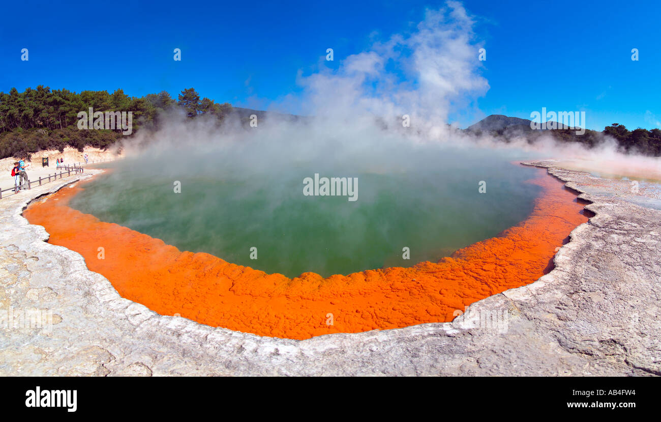 Unusual panoramic view of the Champagne Pool at Waiotapu Thermal ...