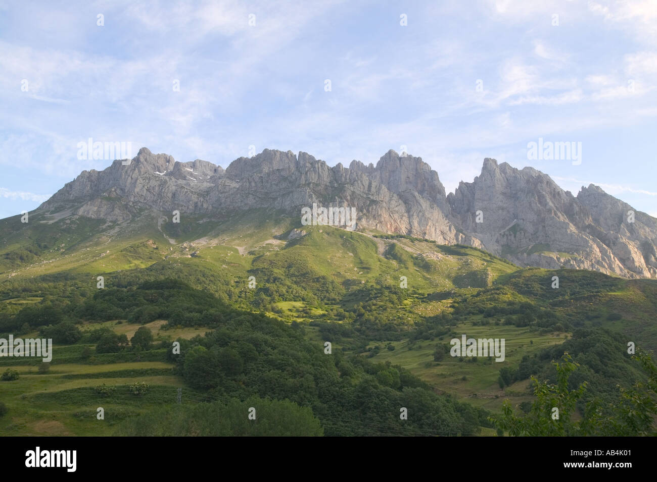 The cornion peaks of the Picos de Europa from Posada de Valdeon Spain ...